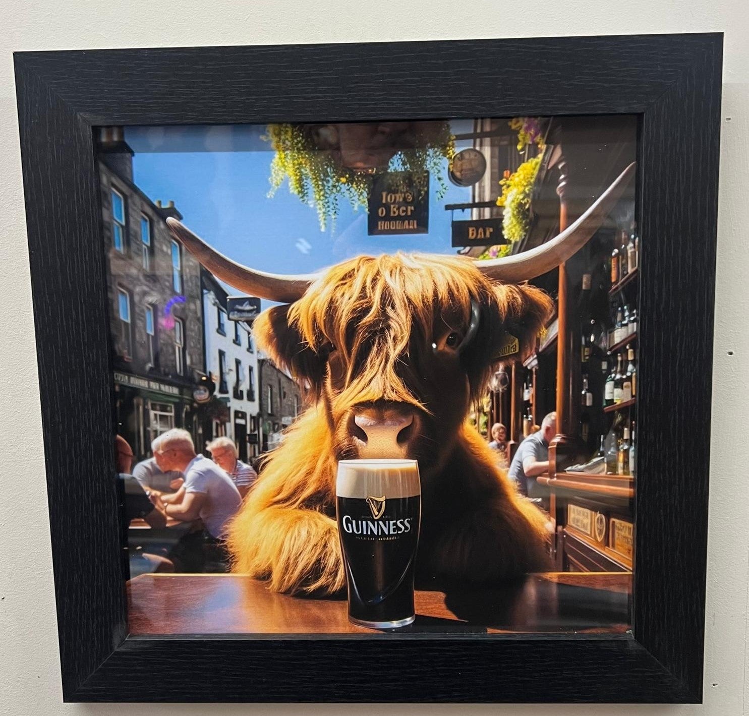 Highland Cow, a pint of Guinness in a bar black frame picture – The ...