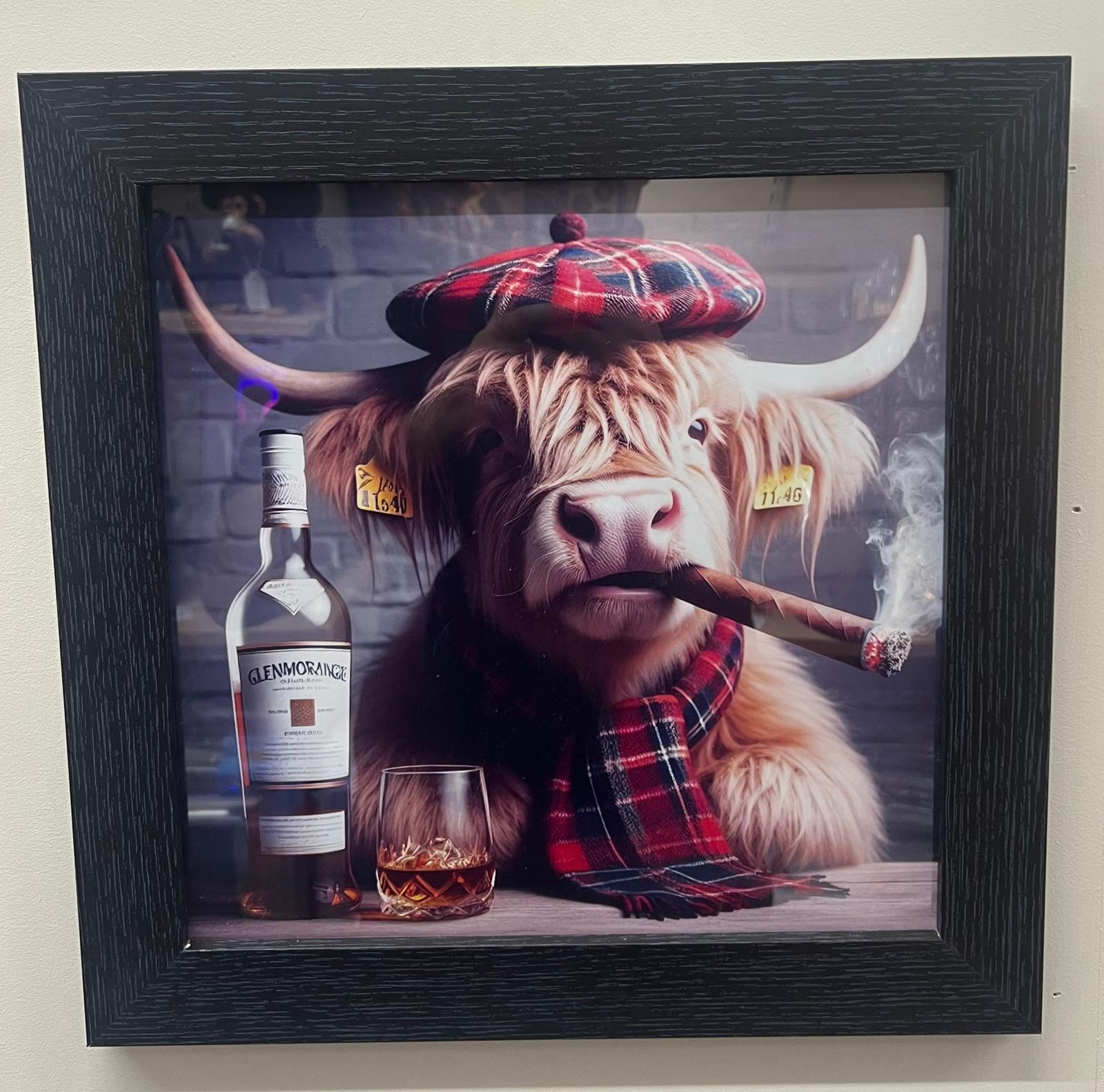 Black frame Highland Cow picture with Glenmorangie whisky, cigar - RIG ...