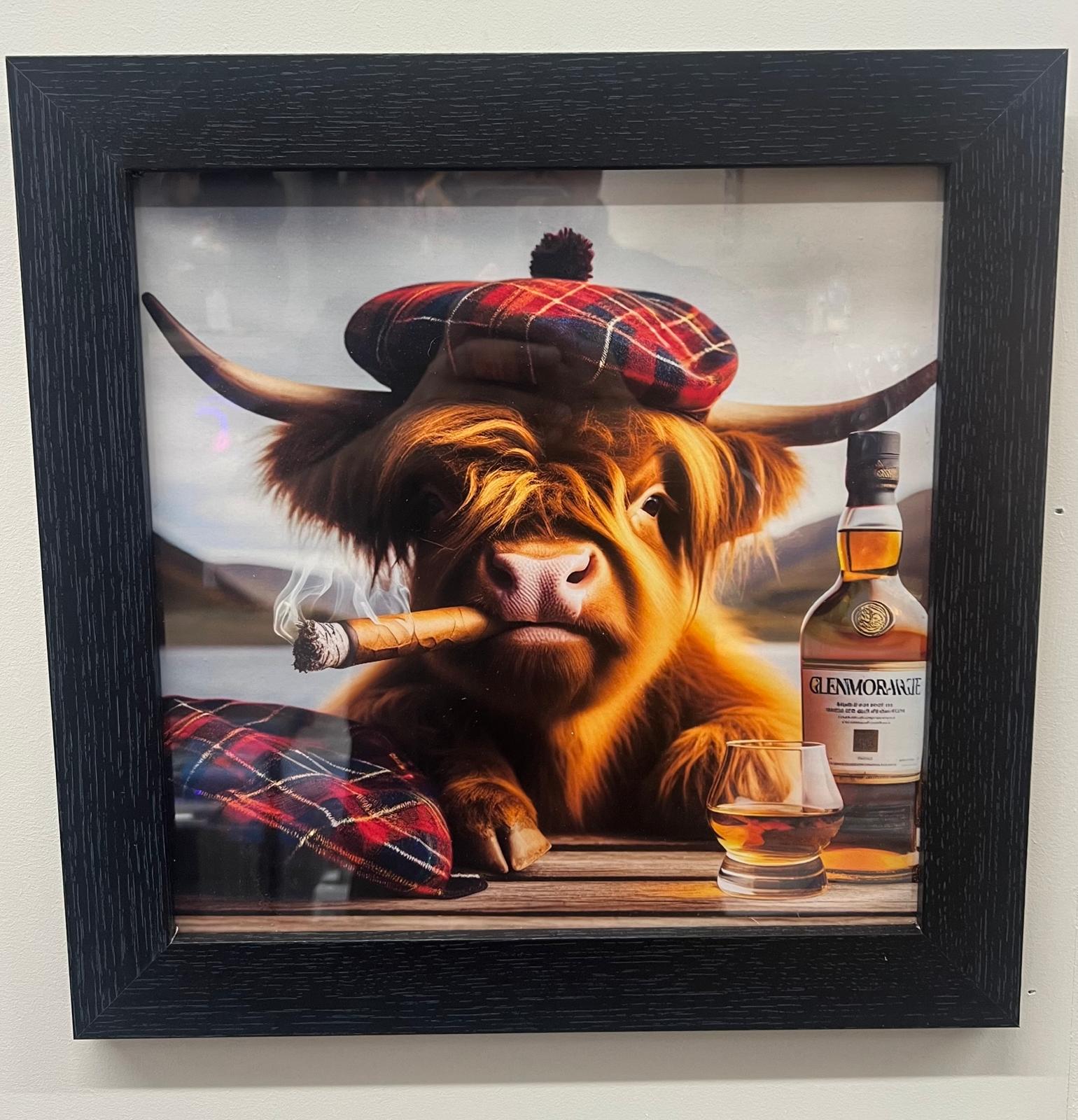 Black frame Highland Cow picture with Glenmorangie whisky, cigar - LEF ...